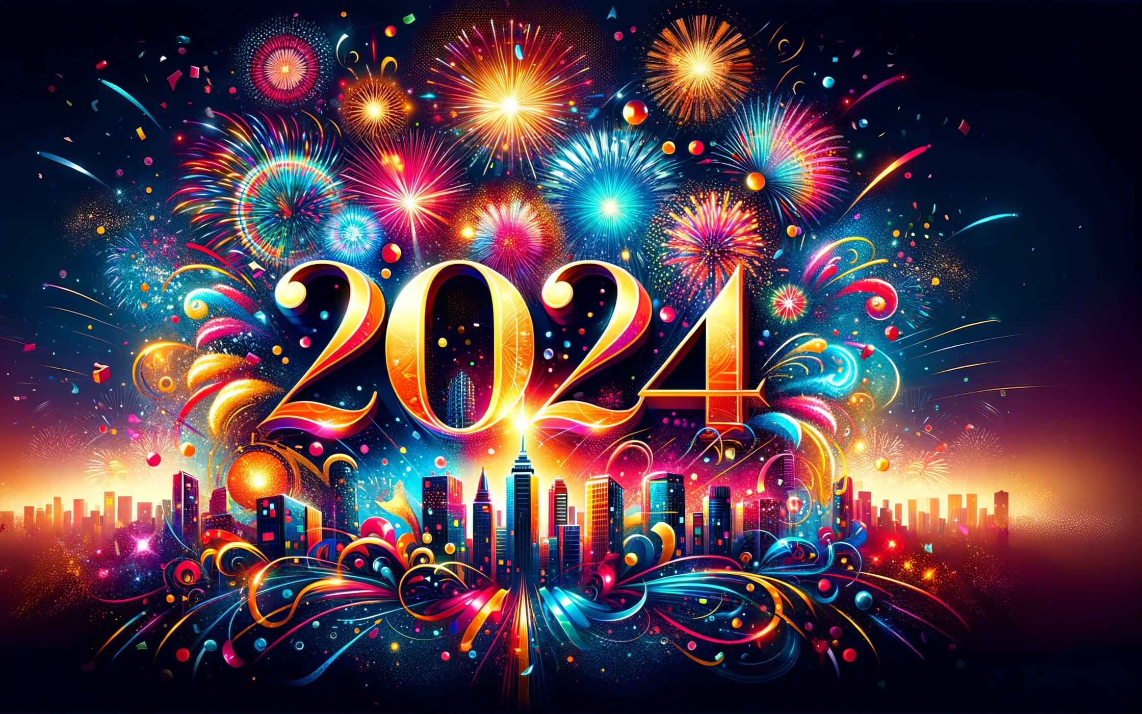 2240x1400 Resolution 2024 New Year HD Colorful 2024 Fireworks Greeting ...