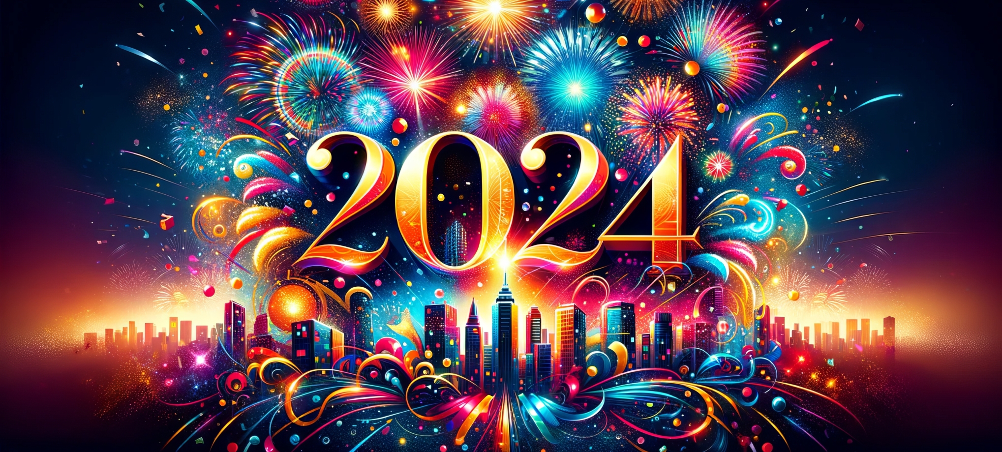 2037x919 Resolution 2024 New Year HD Colorful 2024 Fireworks Greeting ...