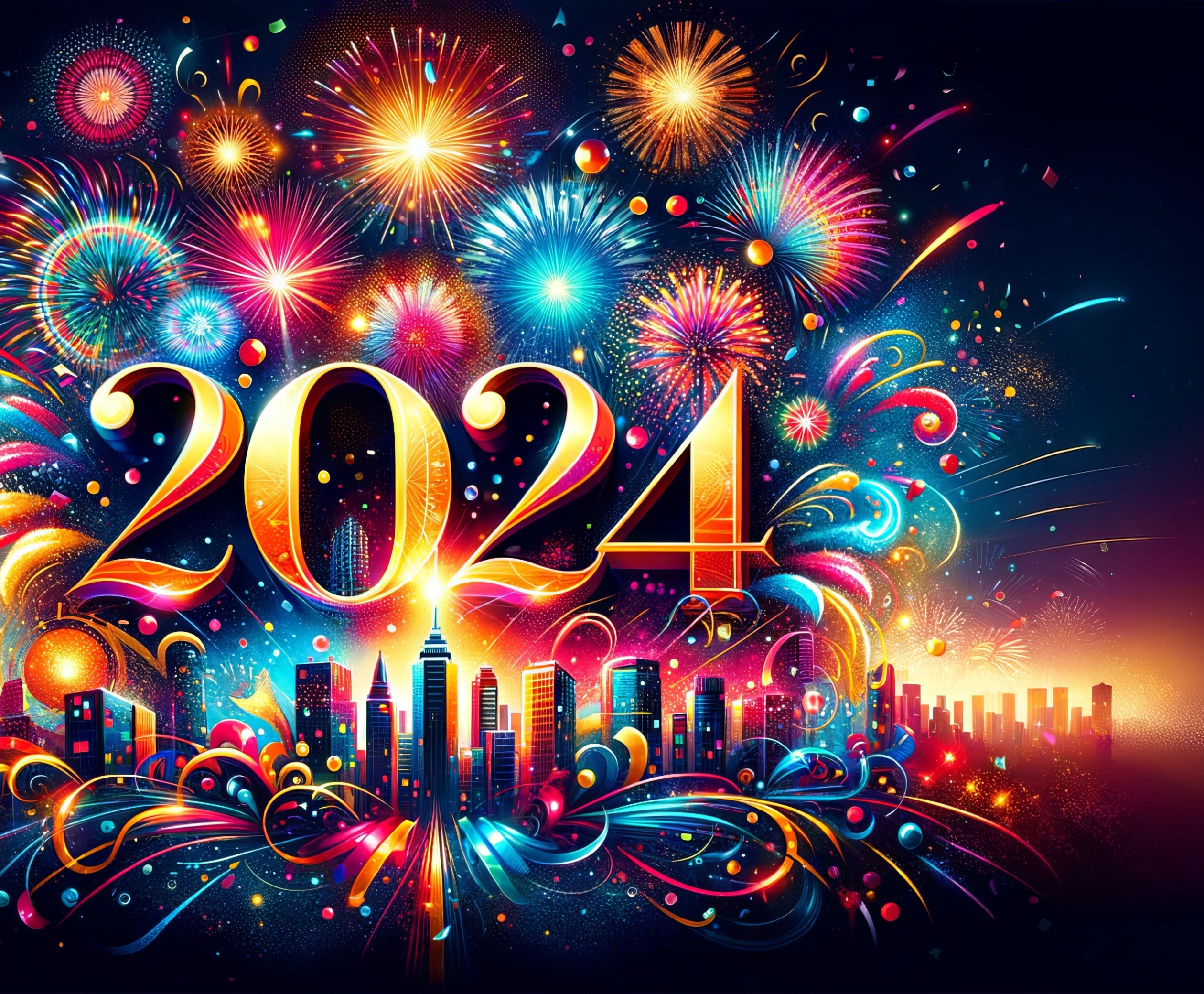 2520x2080 Resolution 2024 New Year HD Colorful 2024 Fireworks Greeting ...