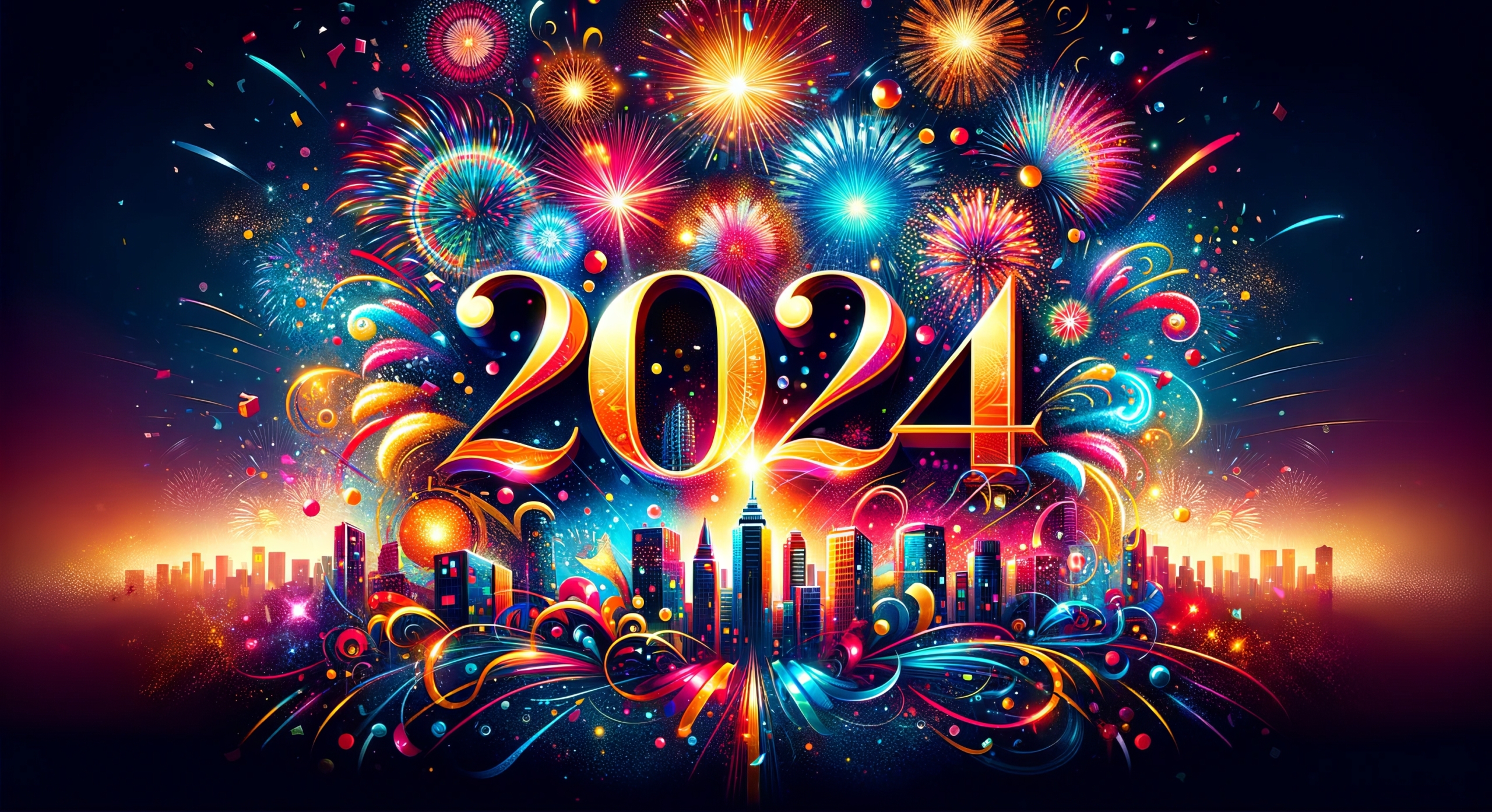 2560x1394 Resolution 2024 New Year HD Colorful 2024 Fireworks Greeting ...