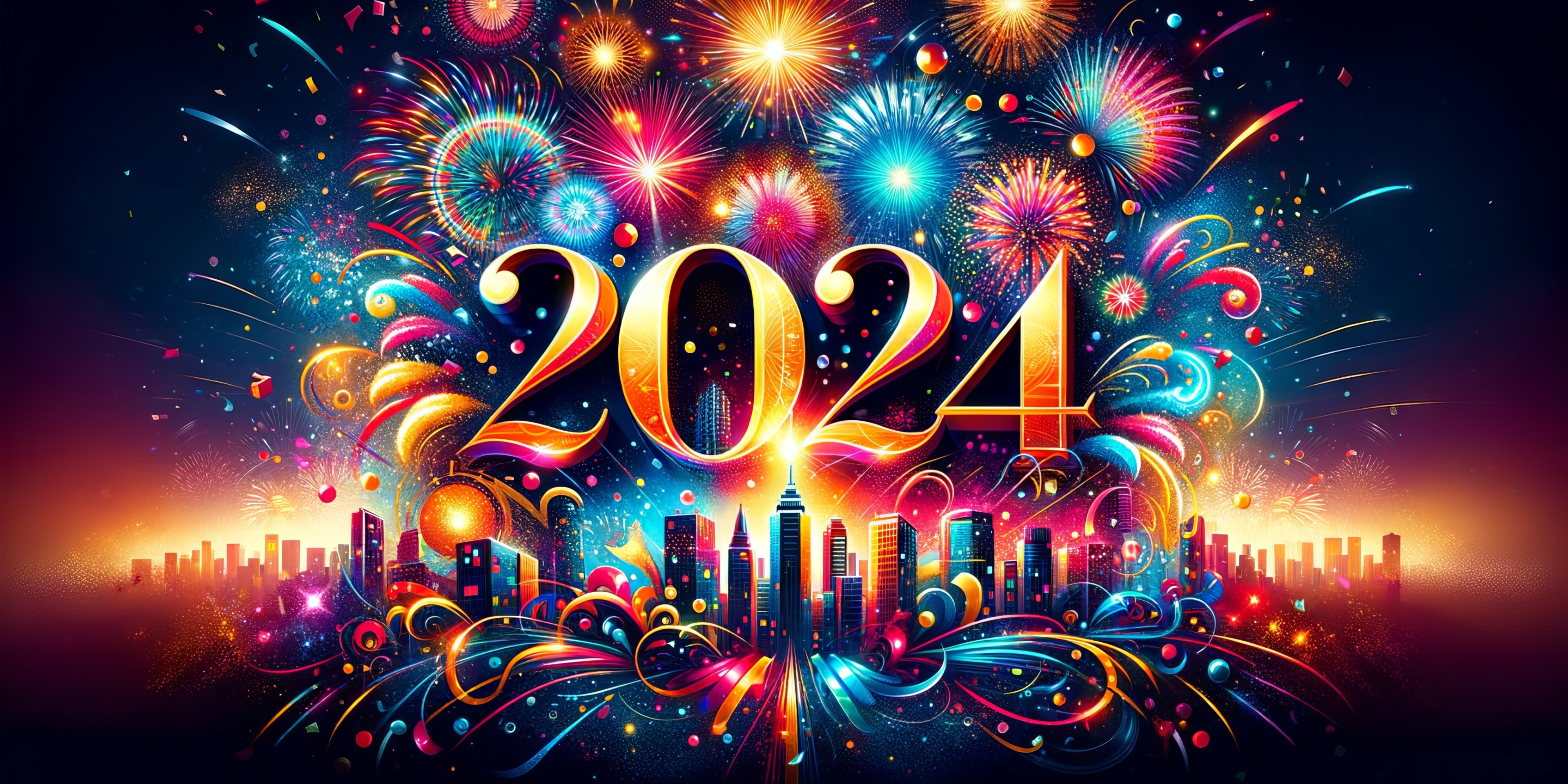 3840x1920 Resolution 2024 New Year HD Colorful 2024 Fireworks Greeting ...