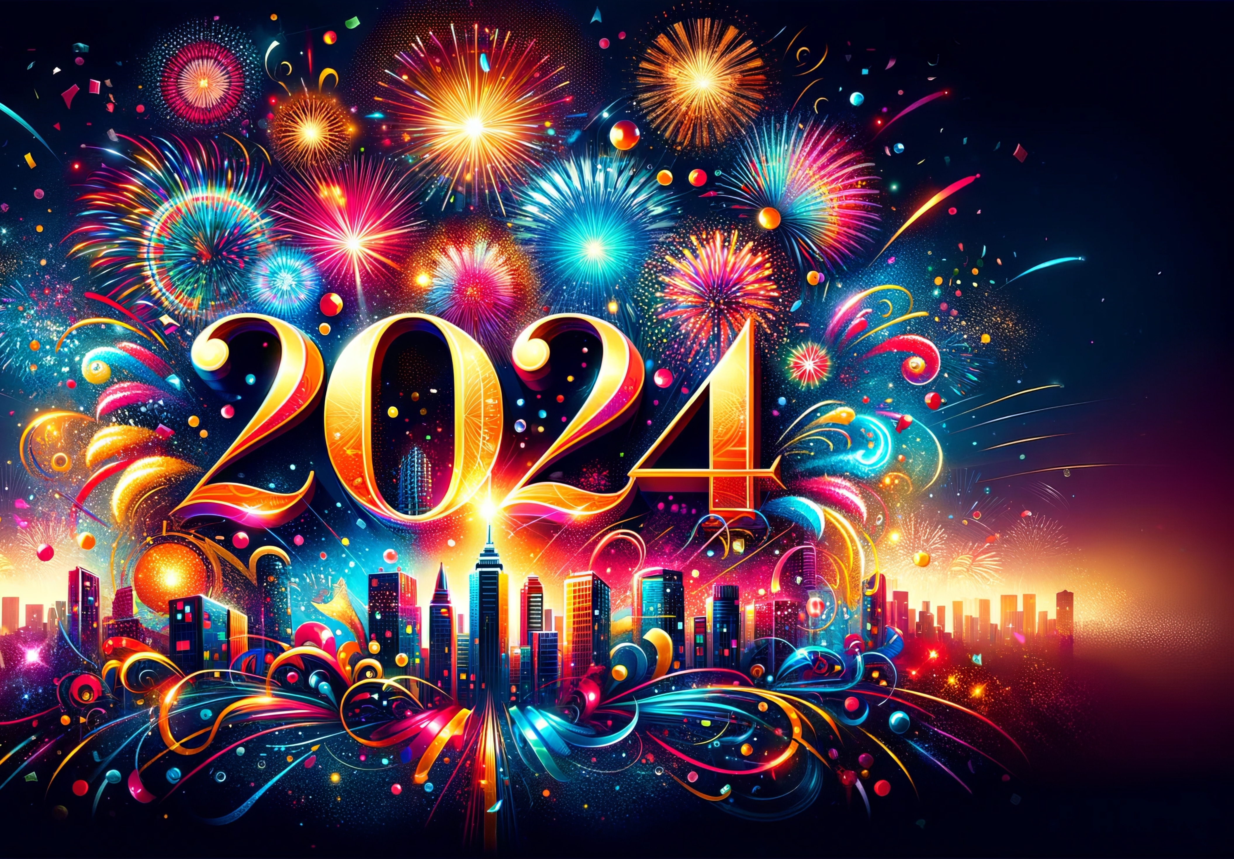 4223x2938 Resolution 2024 New Year HD Colorful 2024 Fireworks Greeting ...