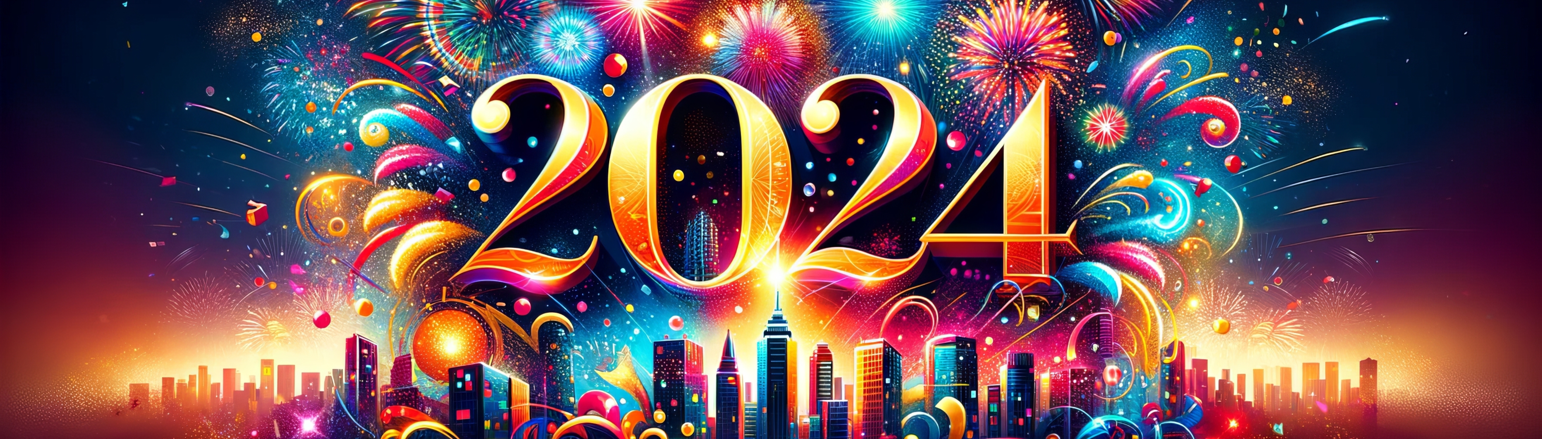5120x1460 Resolution 2024 New Year HD Colorful 2024 Fireworks Greeting ...