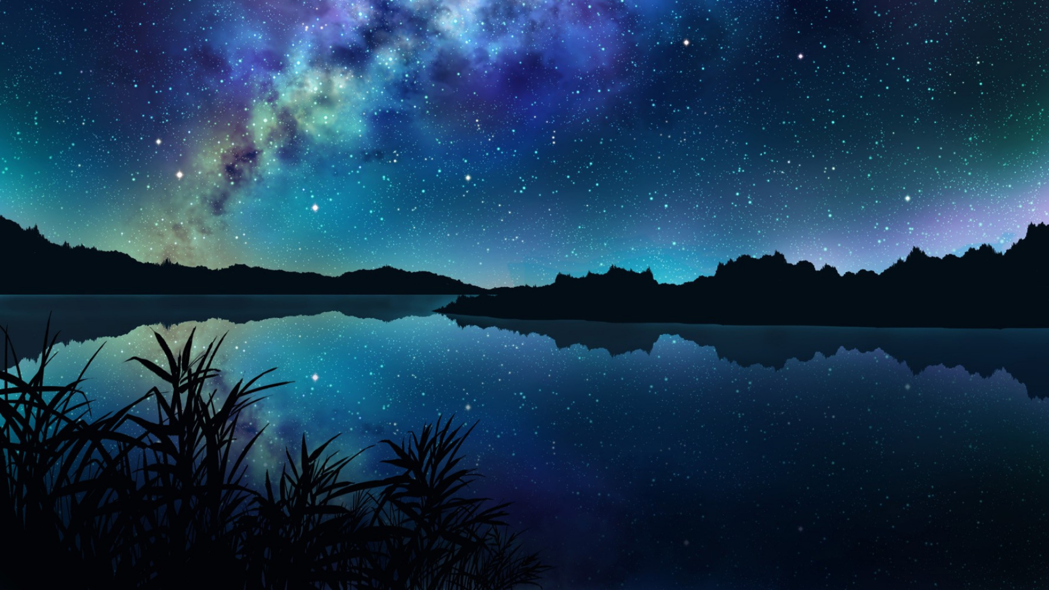 2048x1152 Resolution Amazing Starry Night Over Mountains And River 2048x1152 Resolution Amazing Starry Night Over Mountains And River