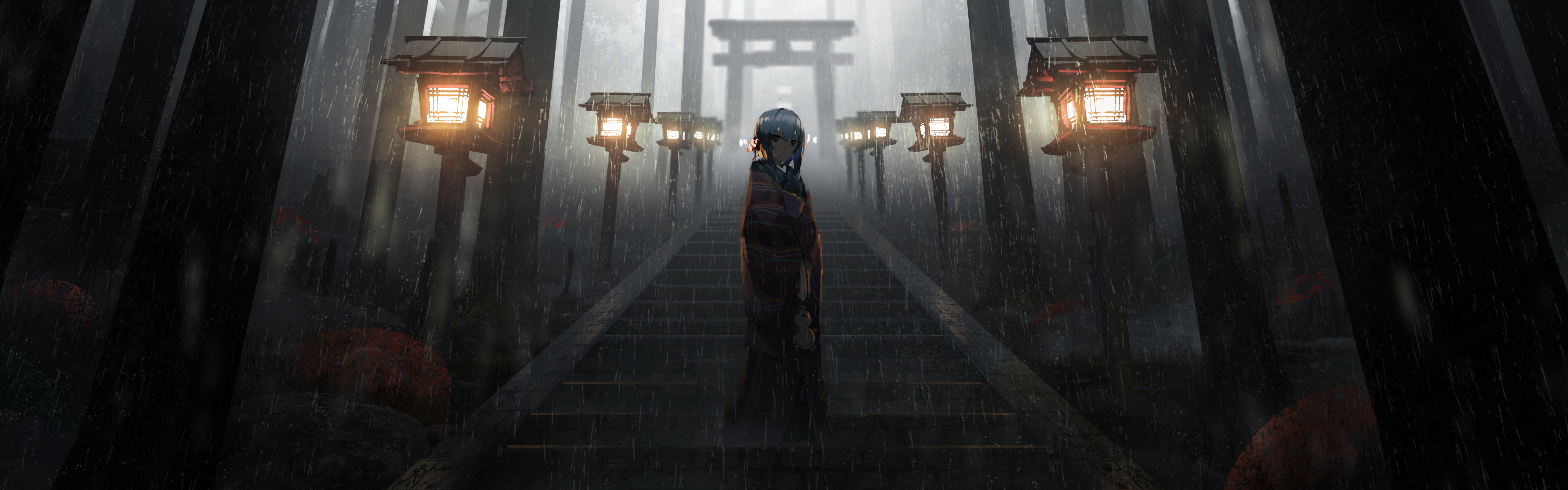 5120x1600 Resolution Anime Girl Standing in Rain inside Torii 5K ...