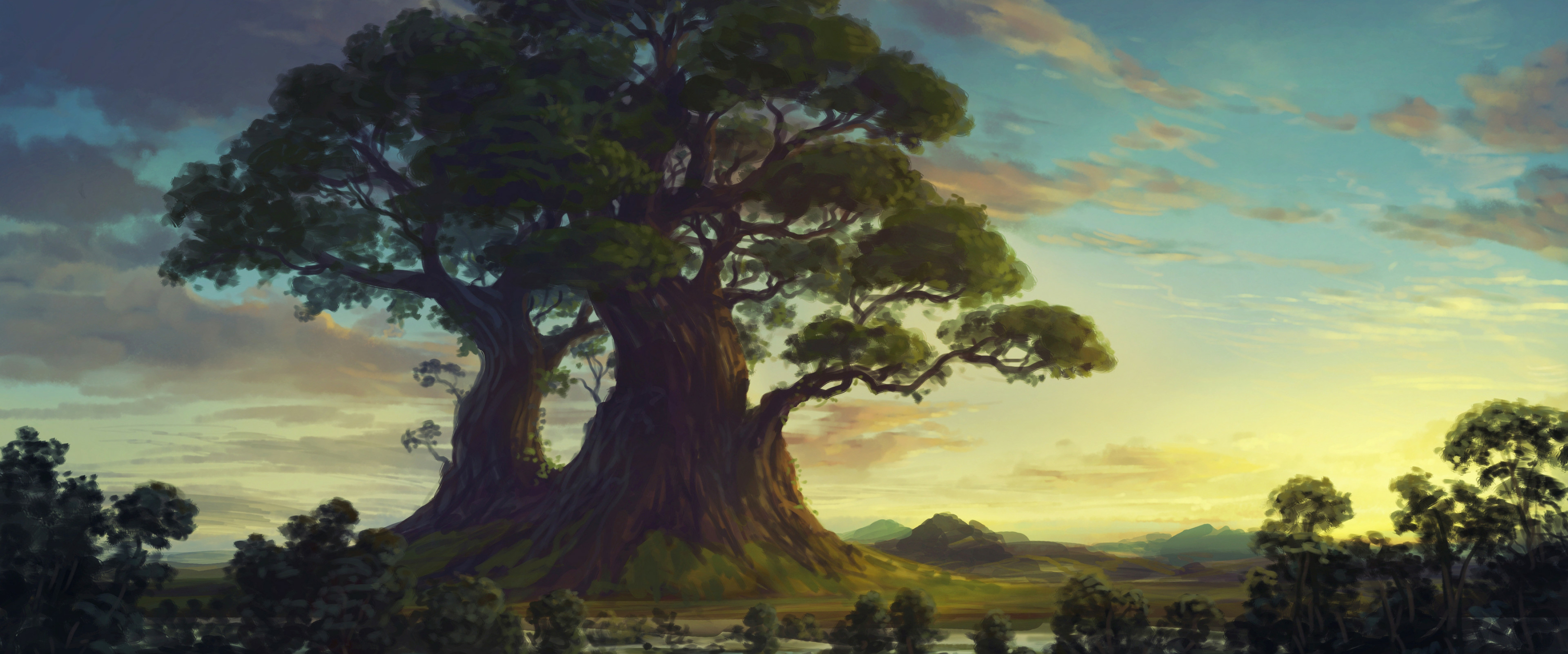 3449x1440 Resolution Artistic Tree 4k Illustration Painting 3449x1440 ...