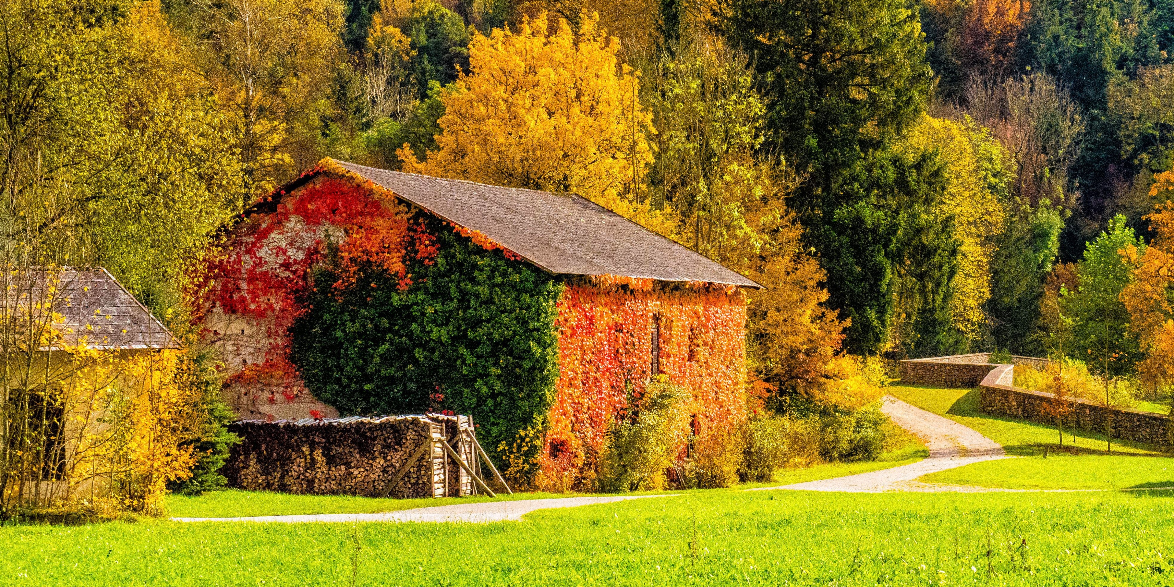 3840x1920 Resolution autumn, building, grass 3840x1920 Resolution ...