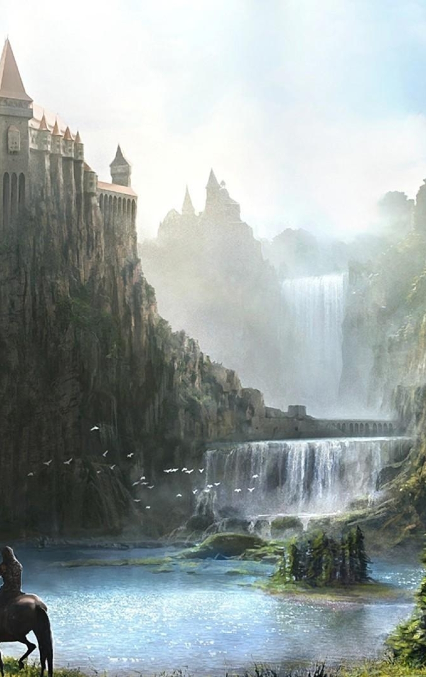 840x1336 Resolution castle, waterfall, mountains 840x1336 Resolution ...