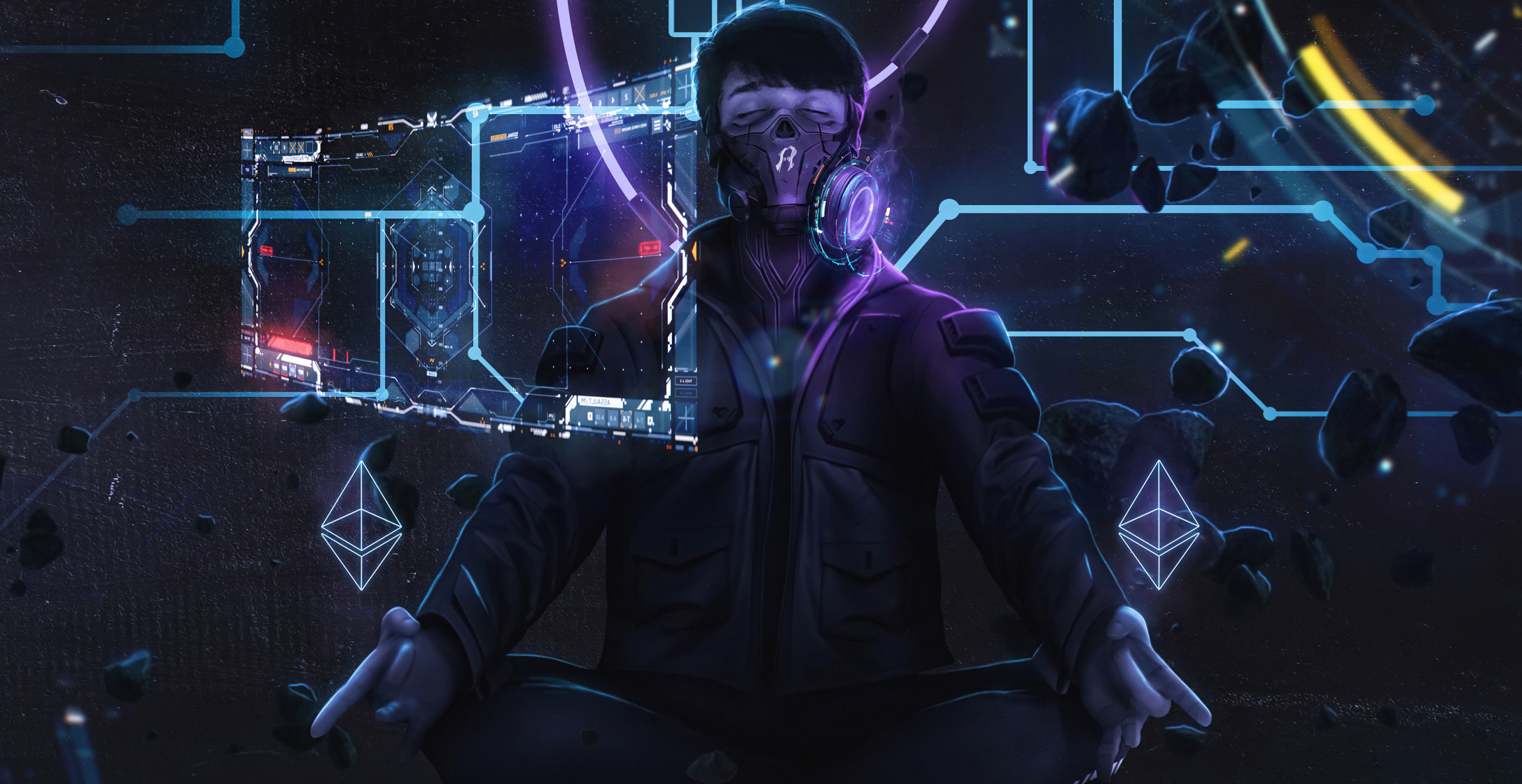 2174x1120 Cyberpunk Gas Mask Man Meditating 2174x1120 Resolution ...