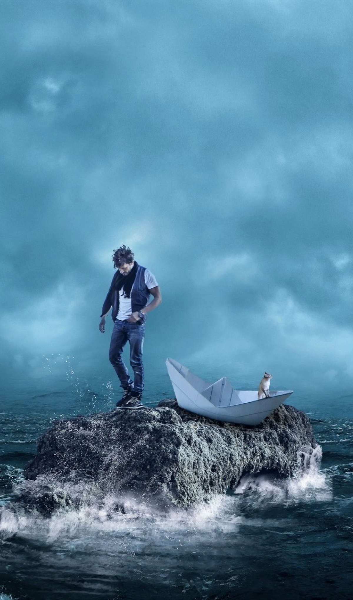 1200x2040 Fantasy Man With Cat and Paper Boat in Ocean Sea 1200x2040 ...