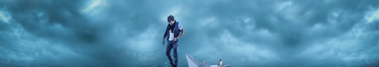 1440x256 Resolution Fantasy Man With Cat and Paper Boat in Ocean Sea ...