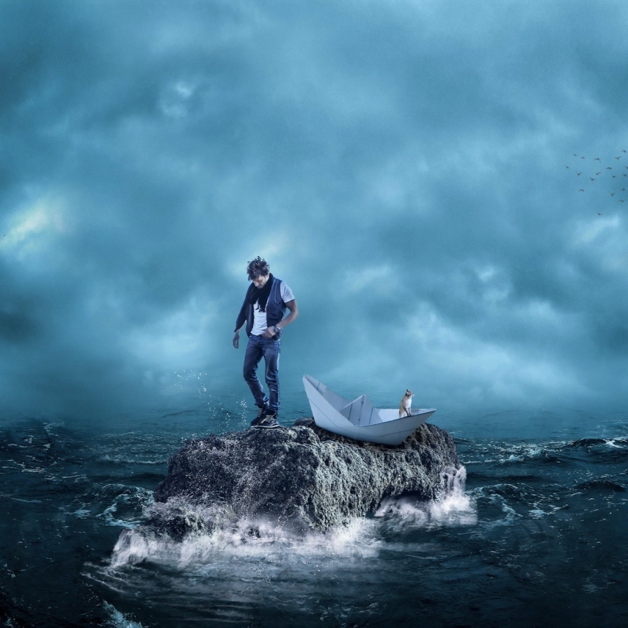 900x900 Resolution Fantasy Man With Cat and Paper Boat in Ocean Sea ...