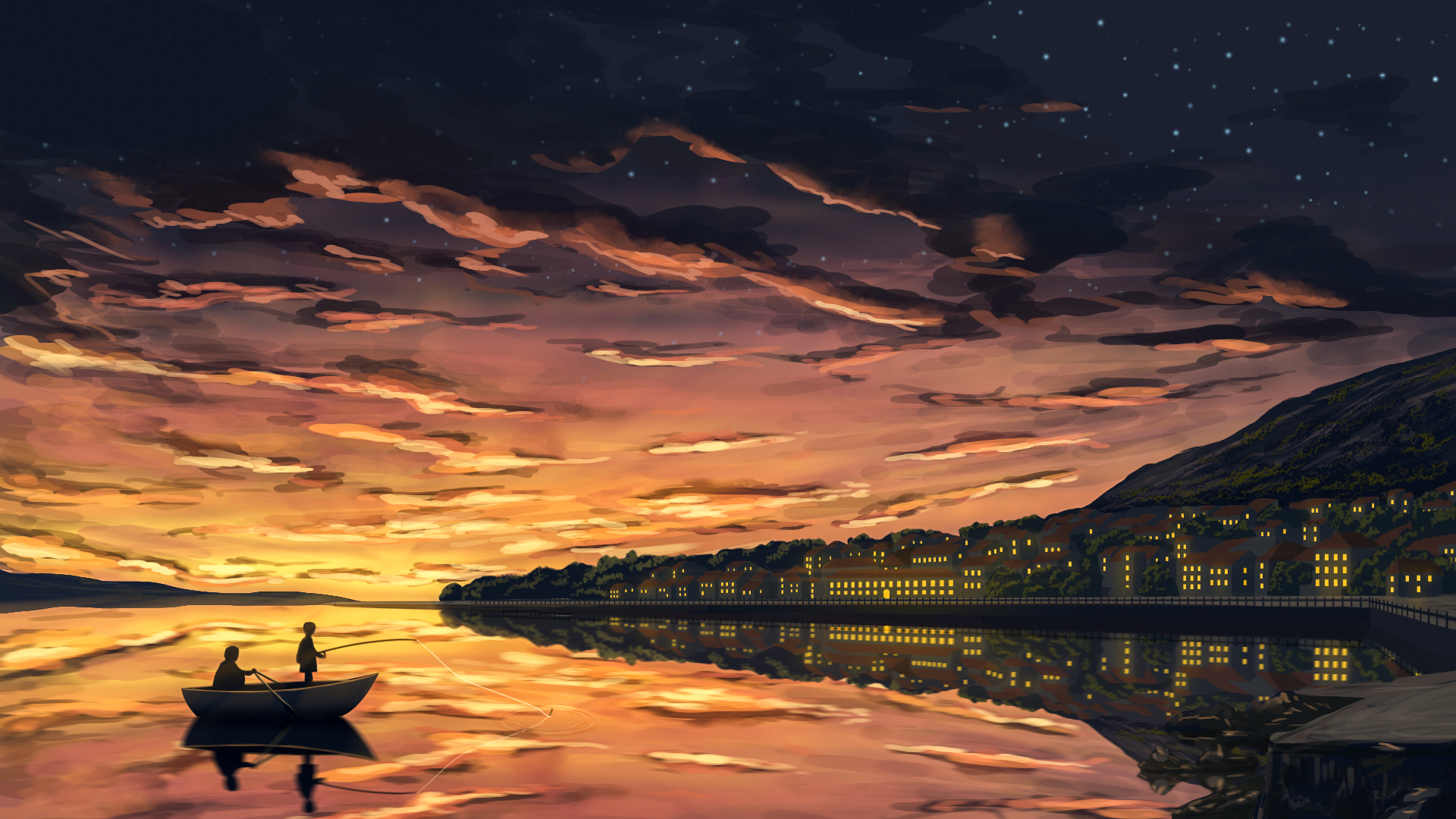 1024 x576 Fishing in Starry Night 1024 x576 Resolution Wallpaper, HD ...