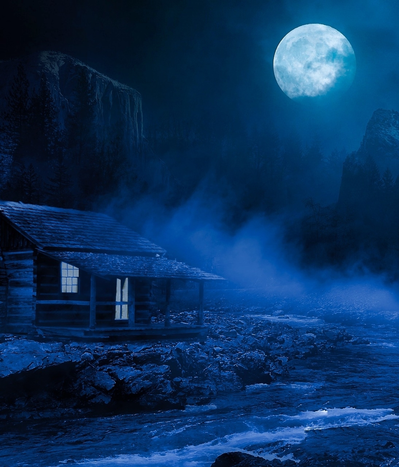 1366x1600 Resolution Full Moon over Lakeside Cabin 1366x1600 Resolution ...