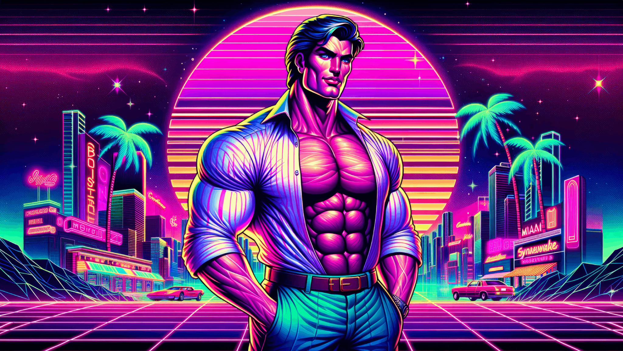 2048x1156 Resolution Giga Chad Retro Neon Meme HD Colorful Art ...