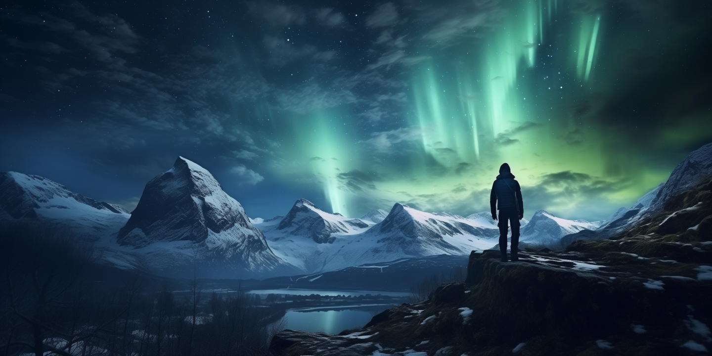 1440x720 Resolution Hiker Under Aurora Mountain Borealis 4K Night Sky ...