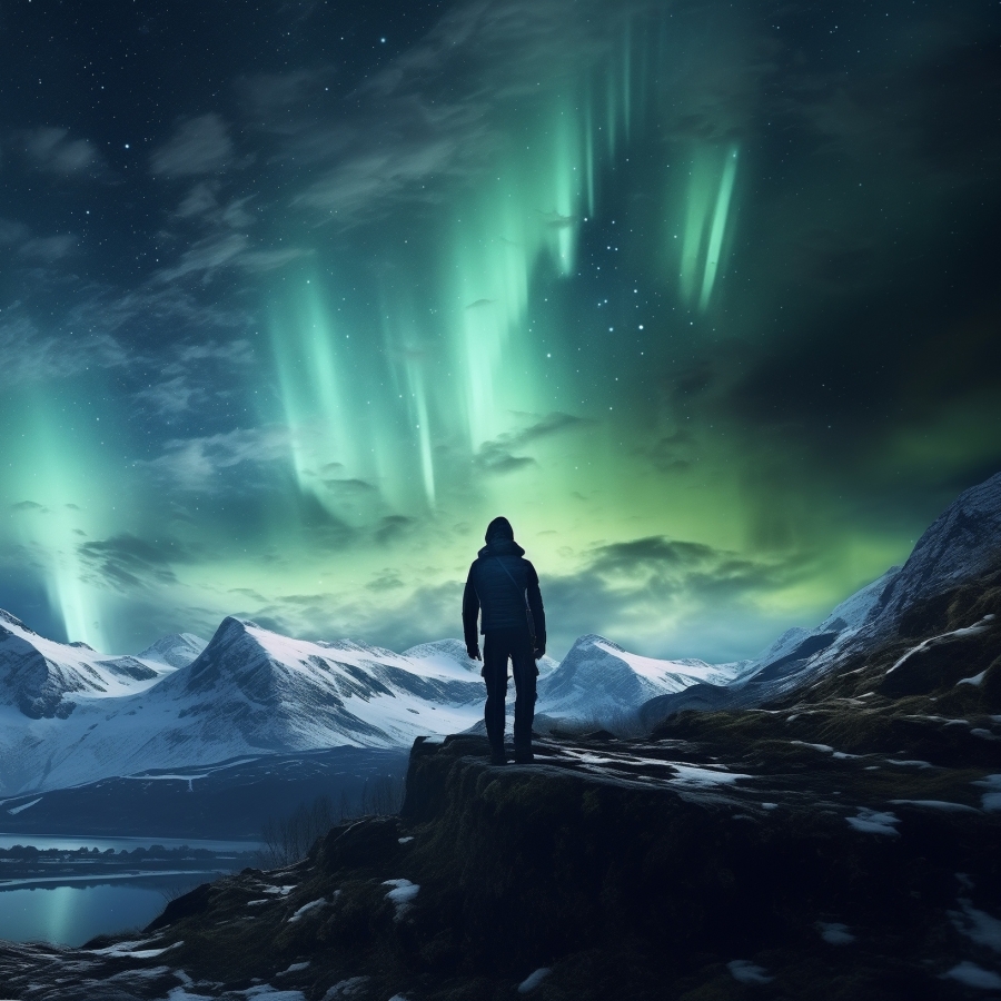 900x900 Resolution Hiker Under Aurora Mountain Borealis 4K Night Sky ...