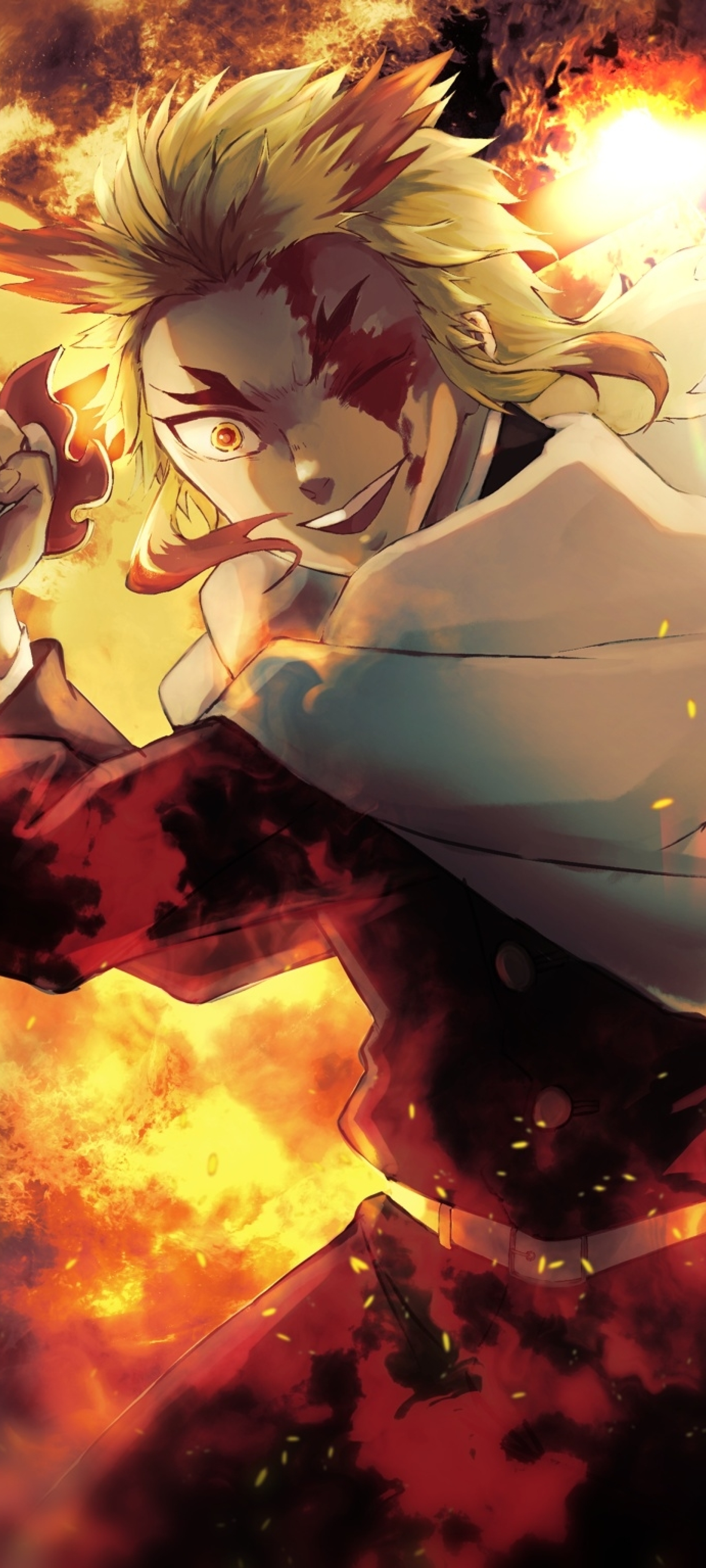 1840x4089 Resolution Kyojuro Rengoku Fight mode Demon Slayer Kimetsu no ...
