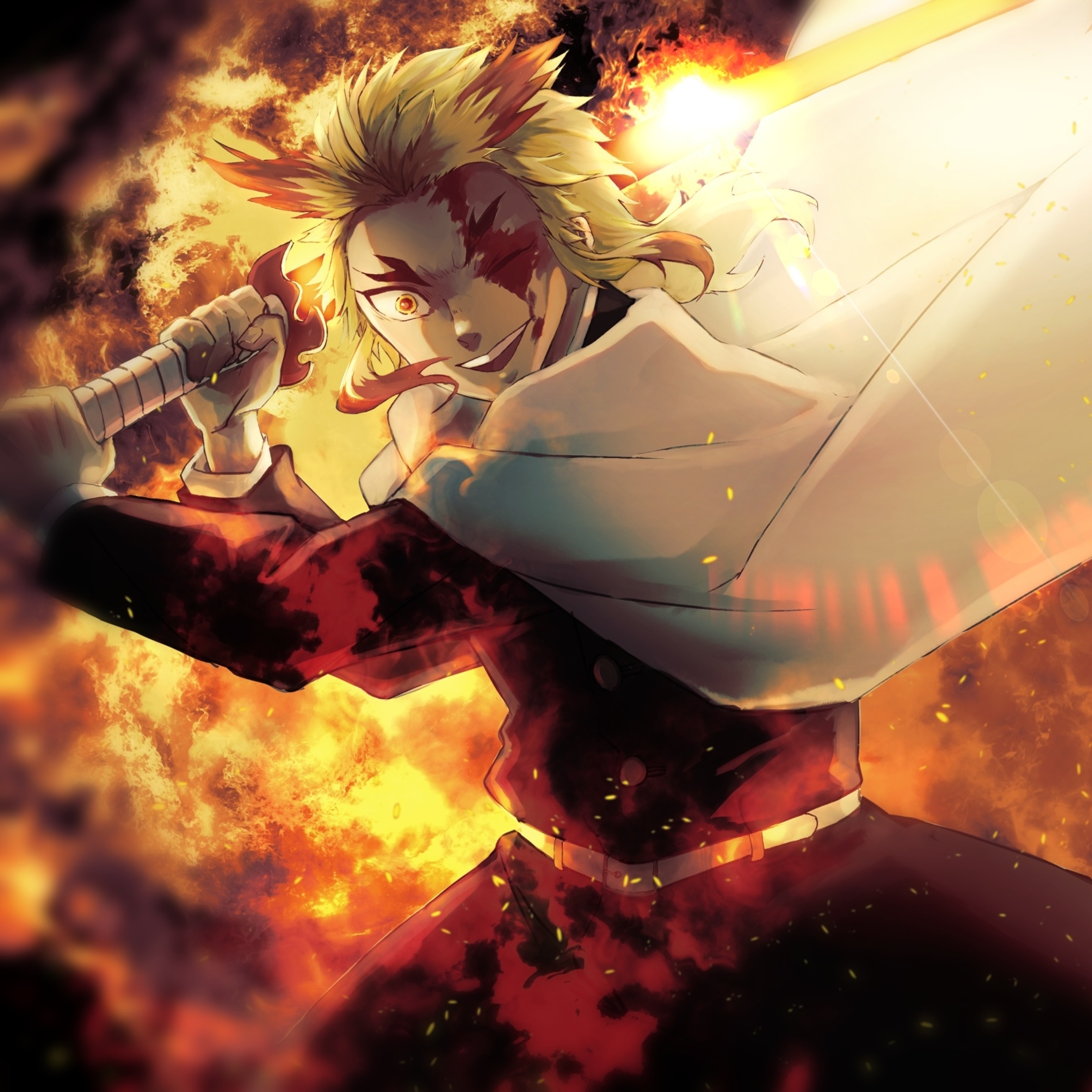 2480x2480 Resolution Kyojuro Rengoku Fight mode Demon Slayer Kimetsu no ...