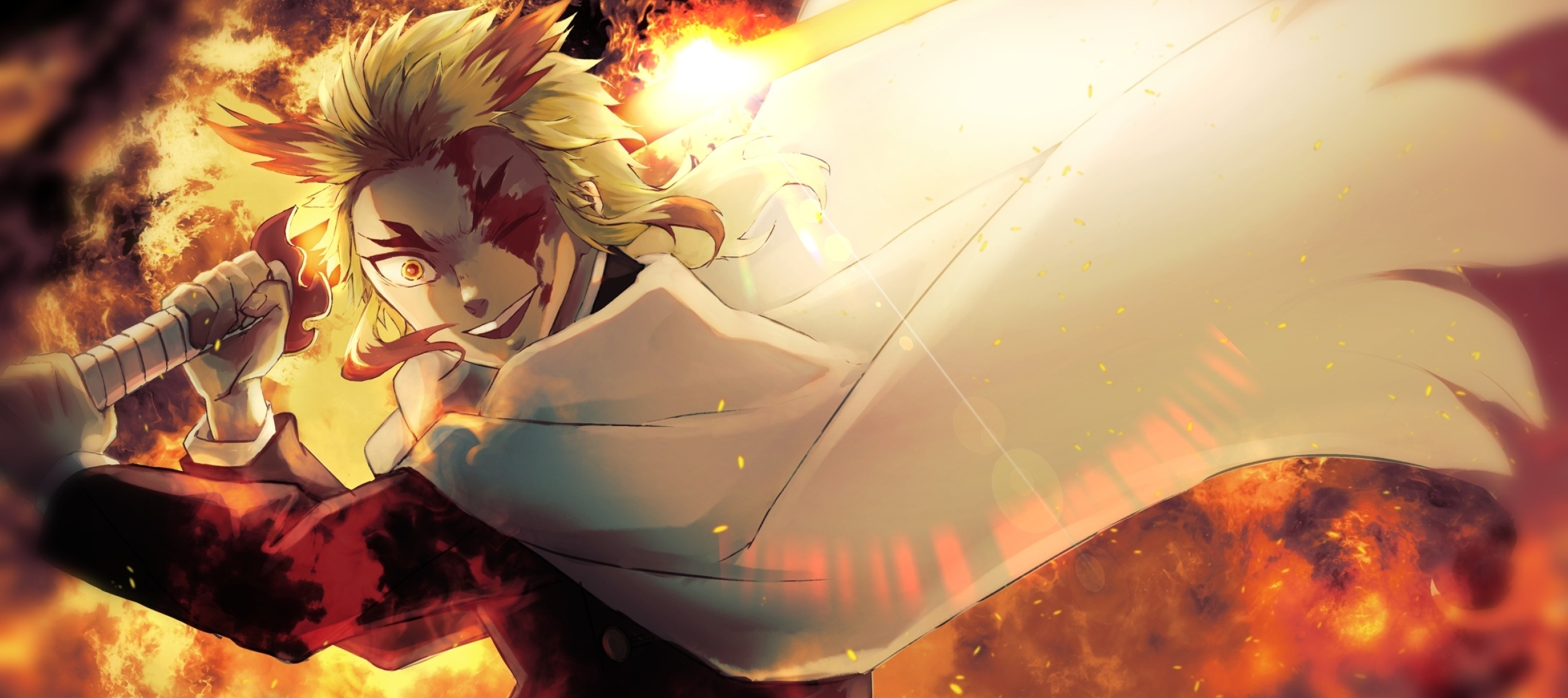 2560x1140 Resolution Kyojuro Rengoku Fight mode Demon Slayer Kimetsu no ...