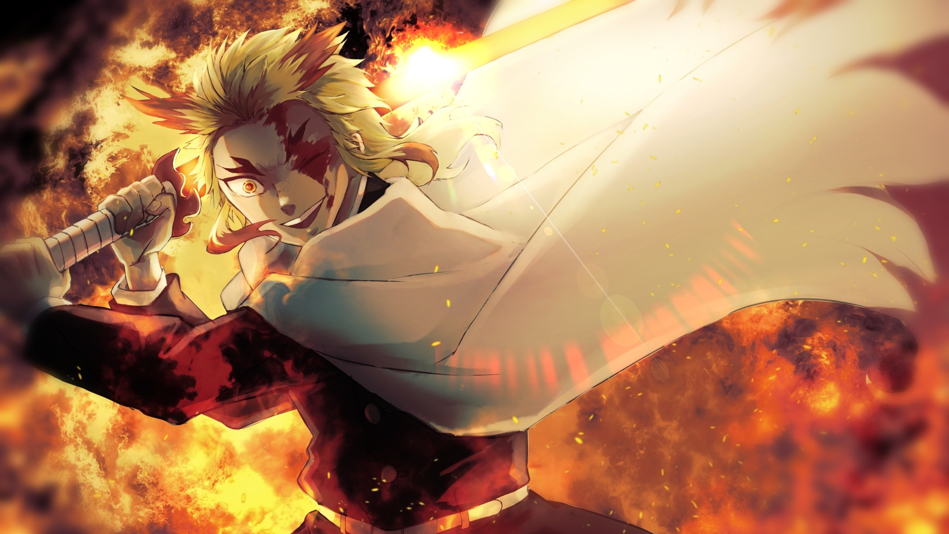 3215x1809 Resolution Kyojuro Rengoku Fight mode Demon Slayer Kimetsu no ...
