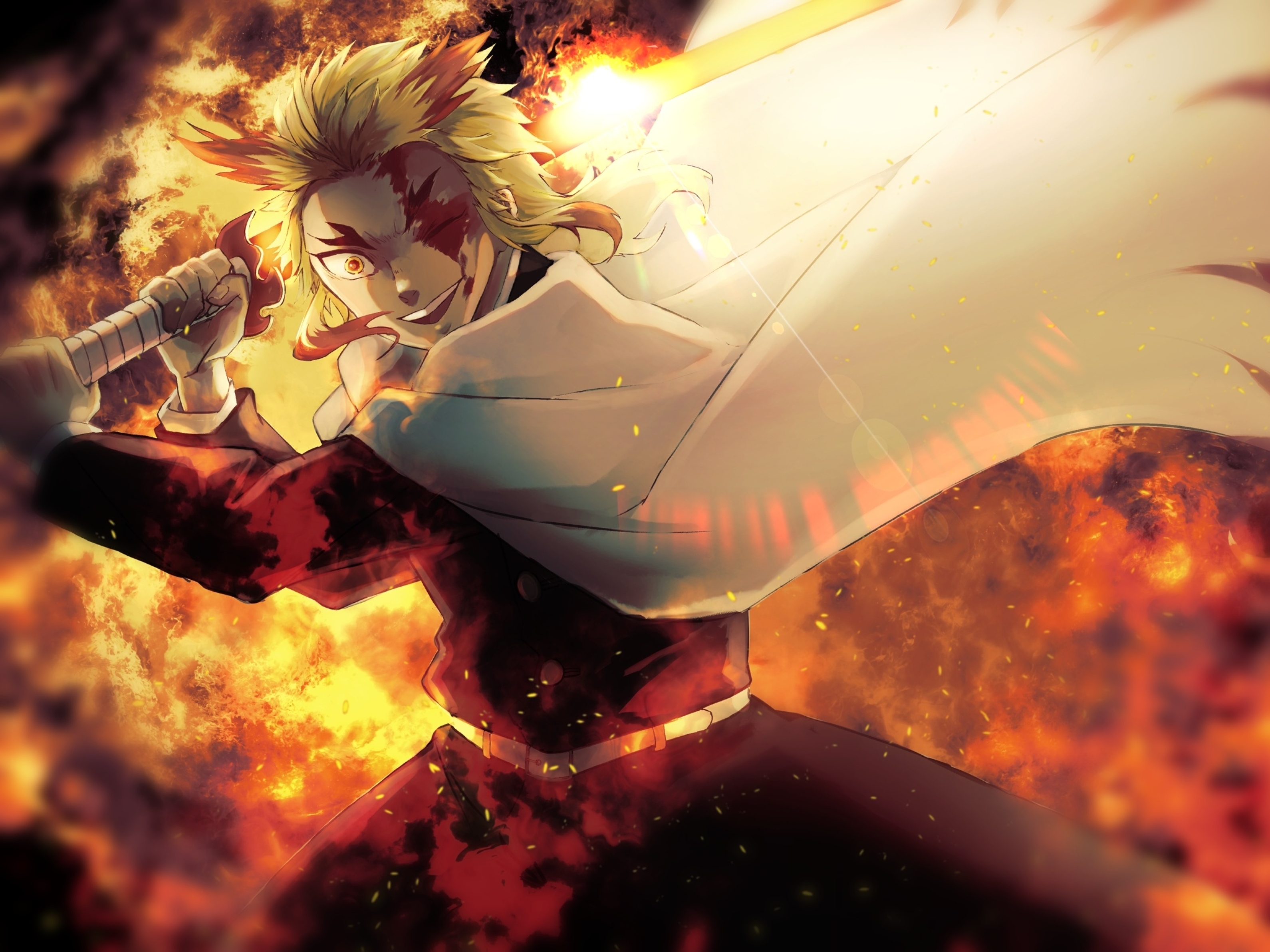 3180x2383 Resolution Kyojuro Rengoku Fight mode Demon Slayer Kimetsu no ...