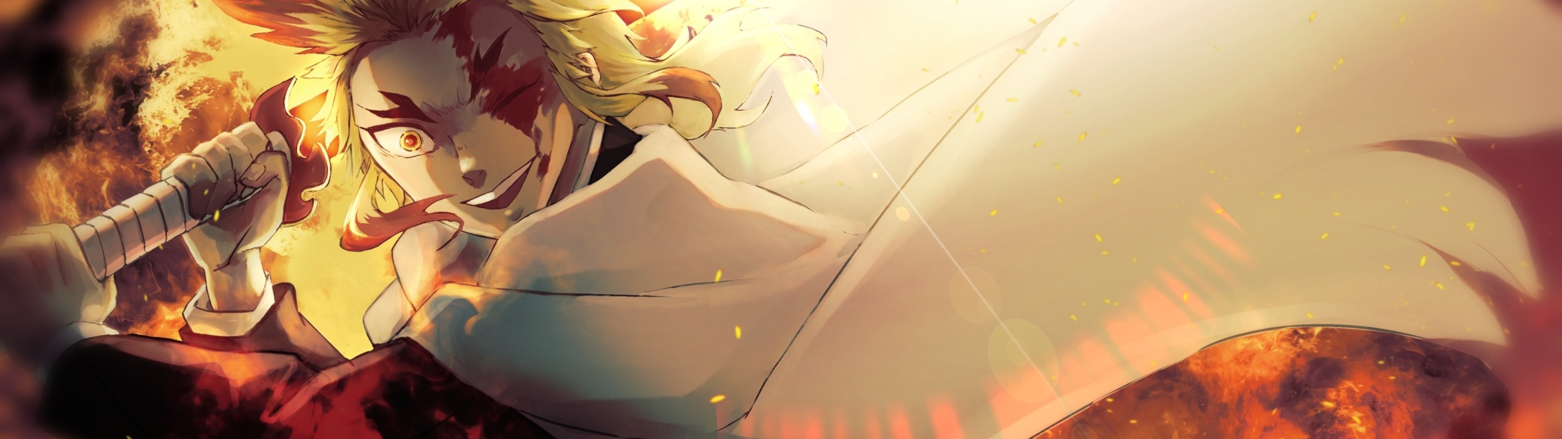 5120x1440 Resolution Kyojuro Rengoku Fight mode Demon Slayer Kimetsu no ...