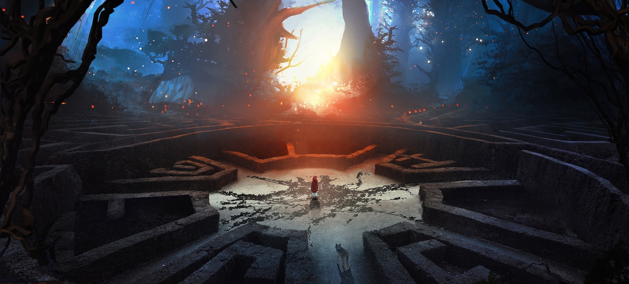 2037x919 Resolution Labyrinth Wolf And Boy 3D Abstract Fantasy Art ...
