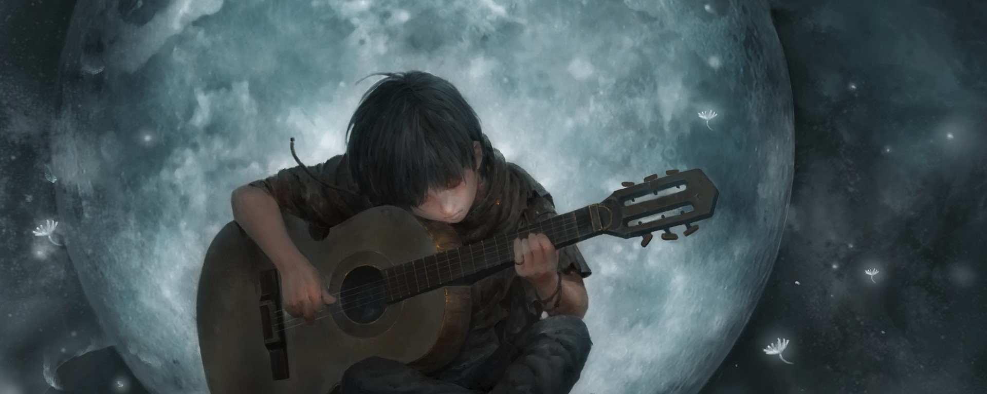 1920x768 Resolution Little Boy On Full Moon Night Playing Guitar Art ...
