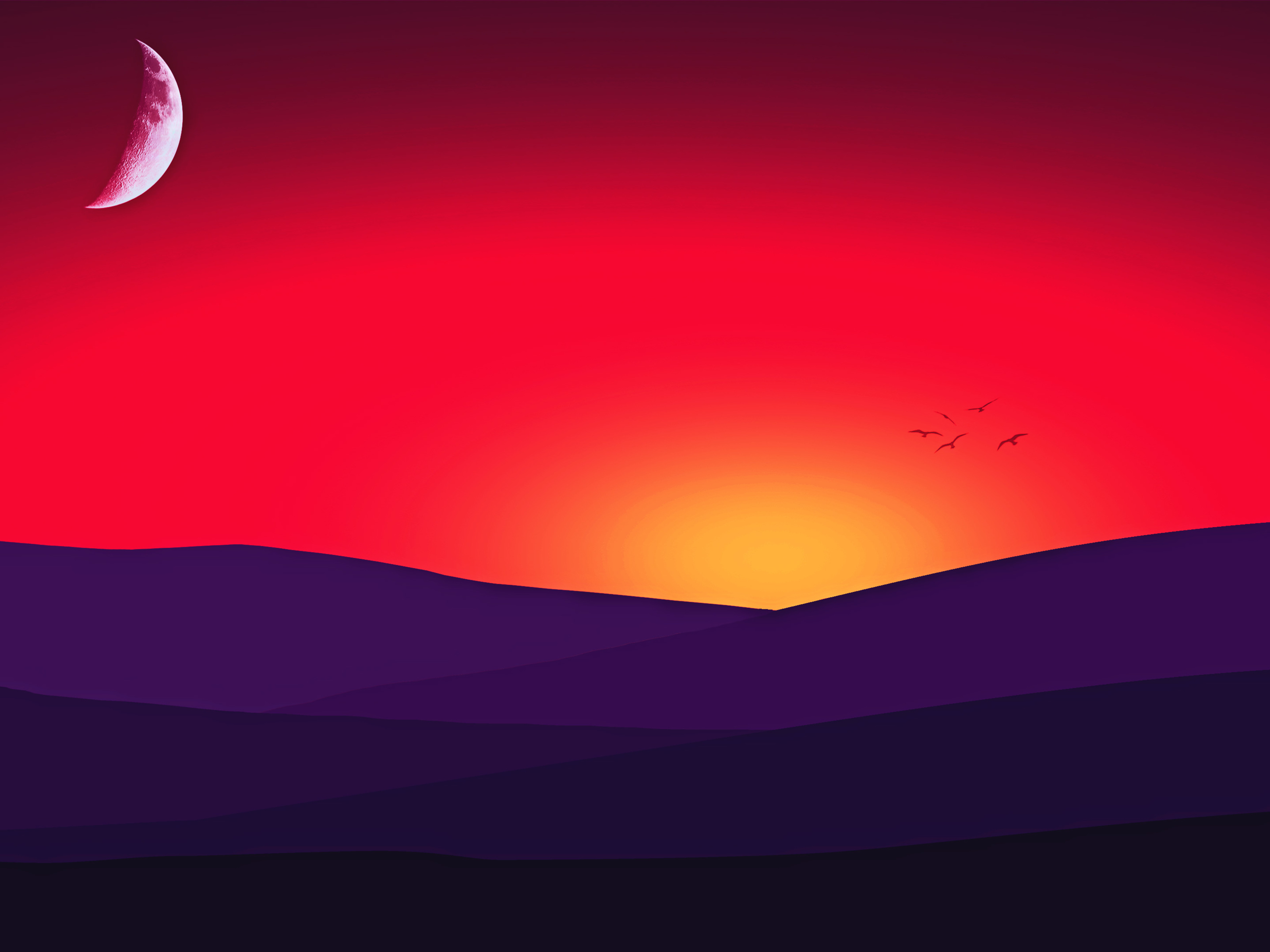 3200x2400 Resolution Minimal Sunset, Purple Mountains And Birds ...
