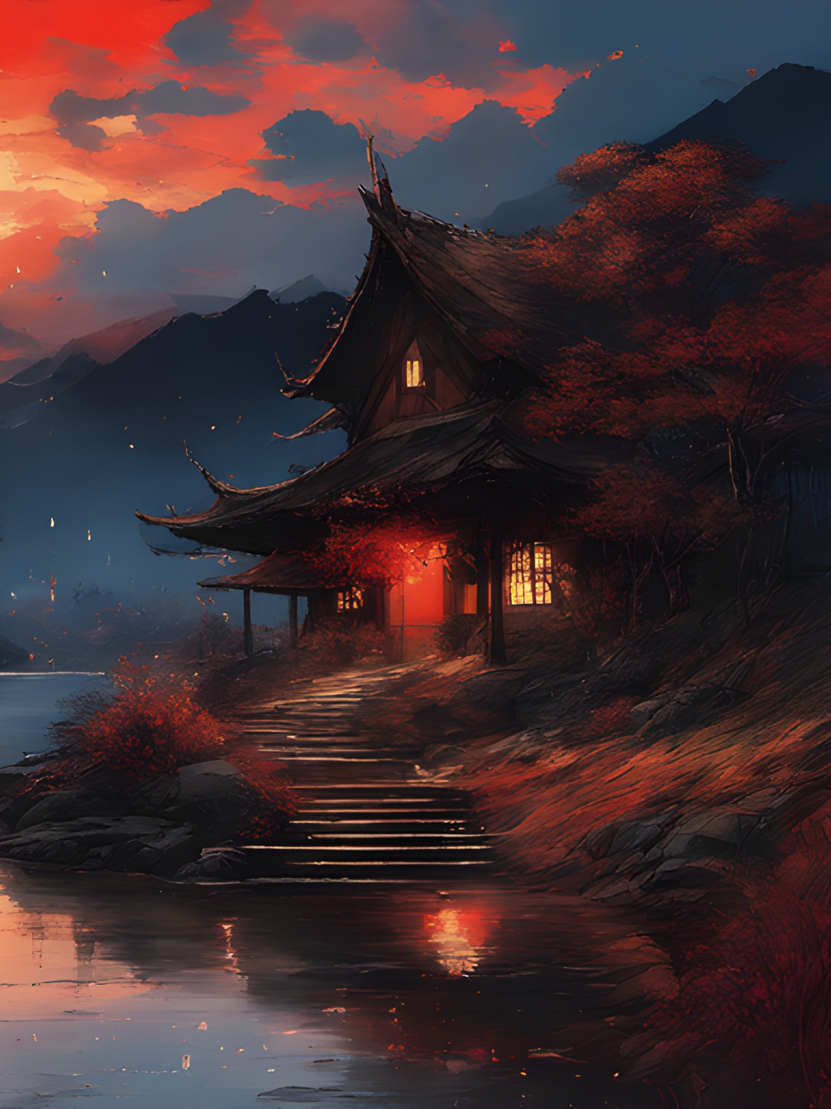 1650x2200 Resolution Realistic Lake House 4K AI Sunset 1650x2200 ...