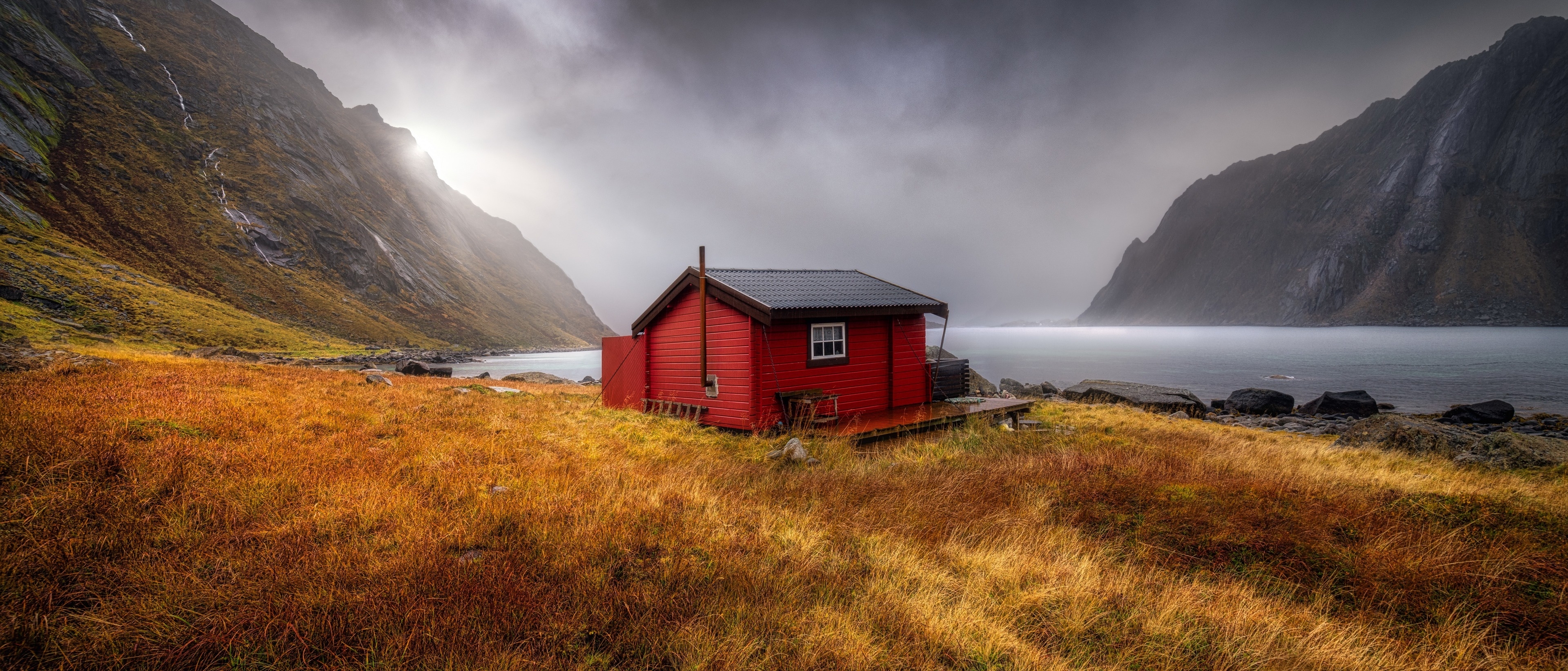 3840x1644 Resolution Red Cabin at Bay 3840x1644 Resolution Wallpaper ...