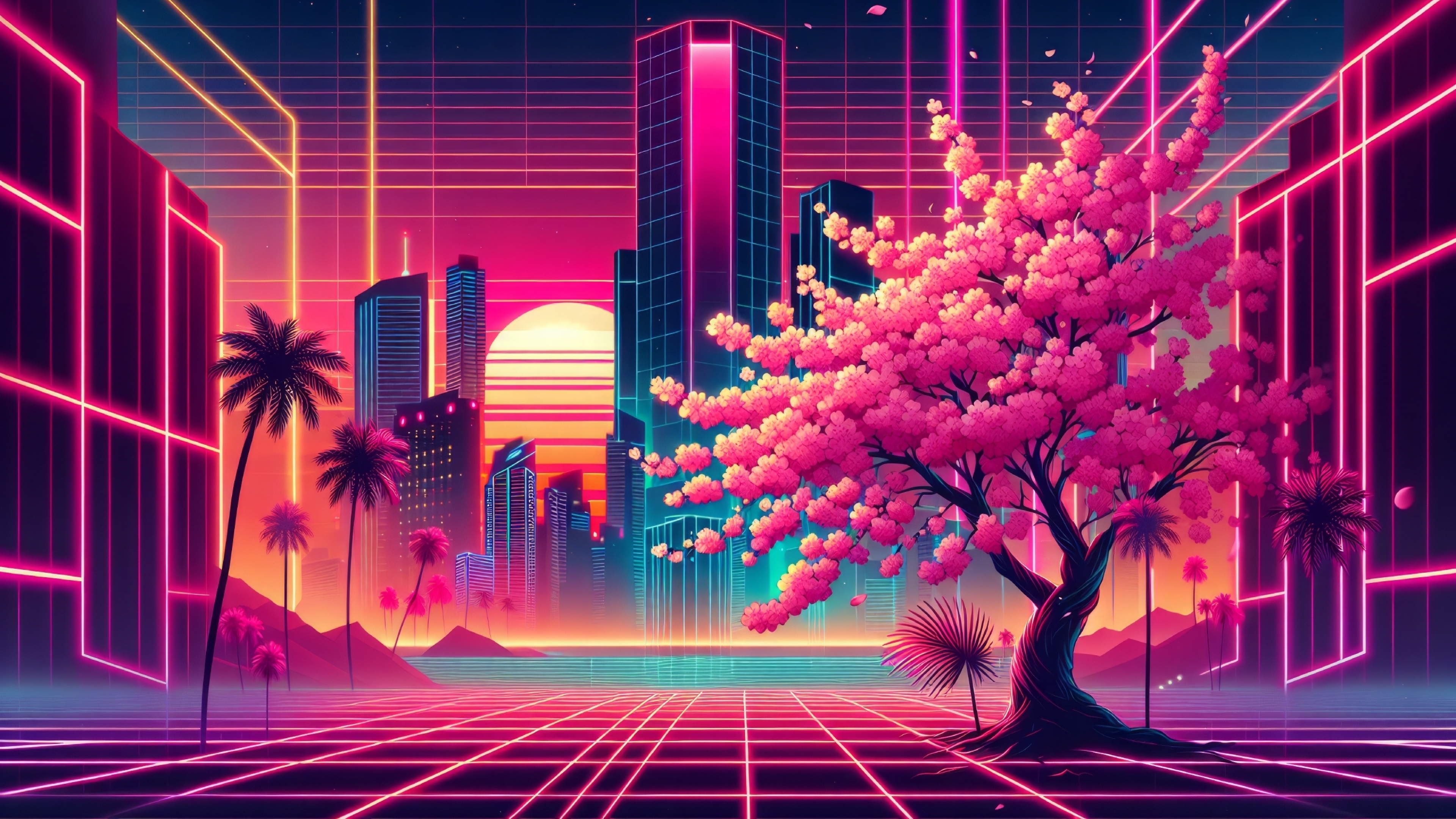 3840x2160 Resolution Retro Wave HD Cherry Blossom Tree 4K Wallpaper ...