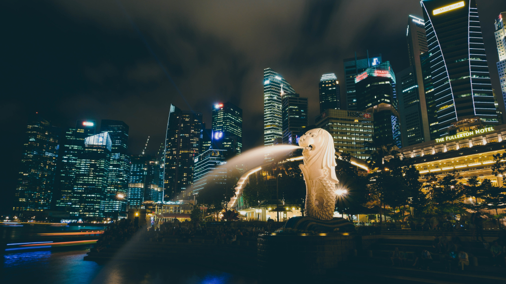 1024x576 Resolution singapore, fountain, skyscrapers 1024x576 ...