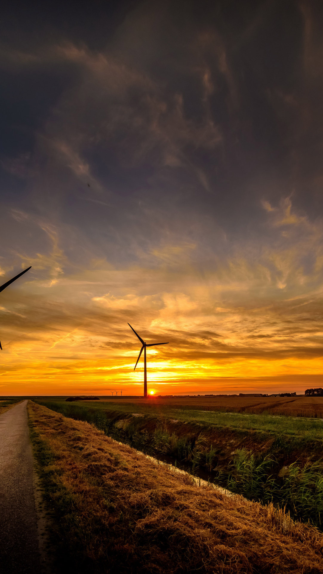 1082x1920 Resolution Sunrise Wind Turbine Road Sky 1082x1920 Resolution ...