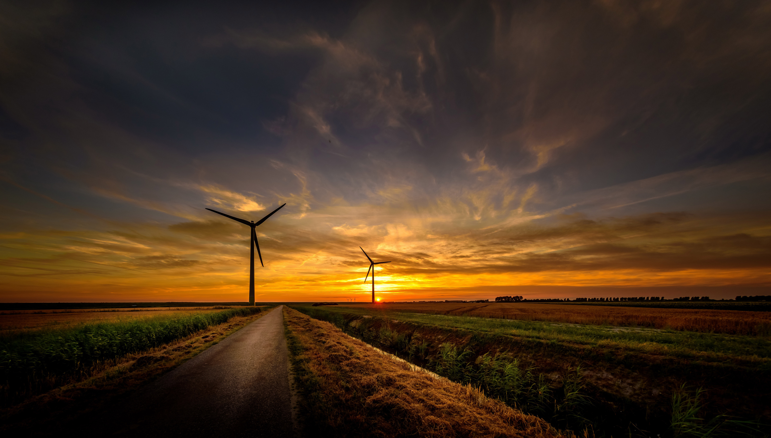 2460x1400 Sunrise Wind Turbine Road Sky 2460x1400 Resolution Wallpaper ...
