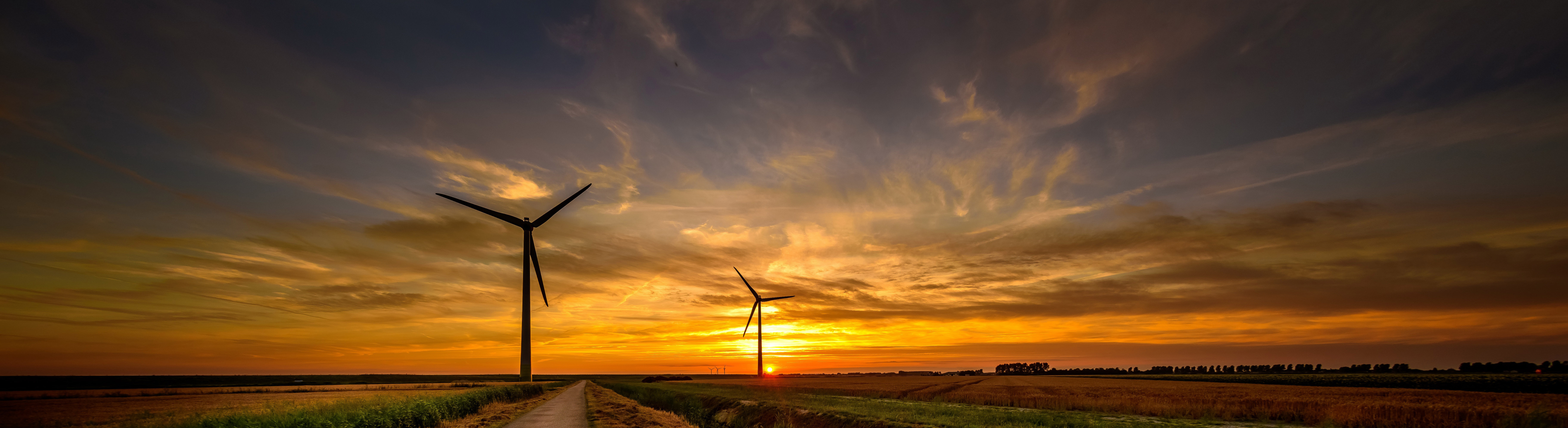 5120x1400 Resolution Sunrise Wind Turbine Road Sky 5120x1400 Resolution ...
