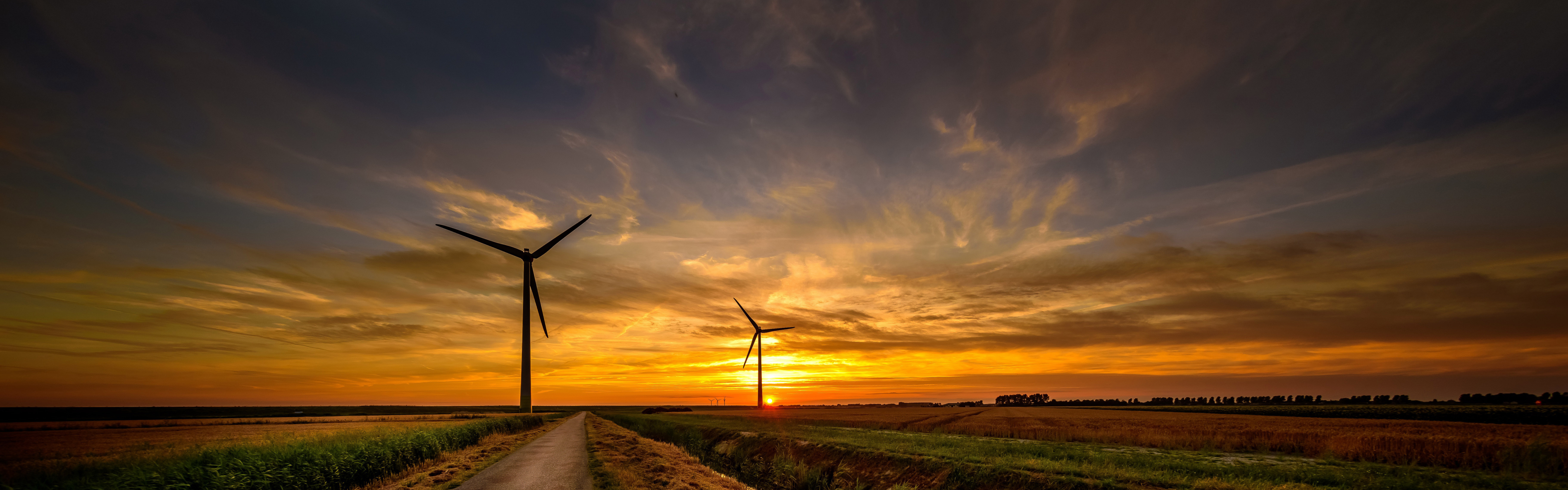 5120x1600 Resolution Sunrise Wind Turbine Road Sky 5120x1600 Resolution ...