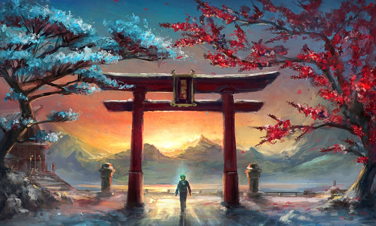 1280x769 Resolution Sunset Art and Walking under Torii 1280x769 ...