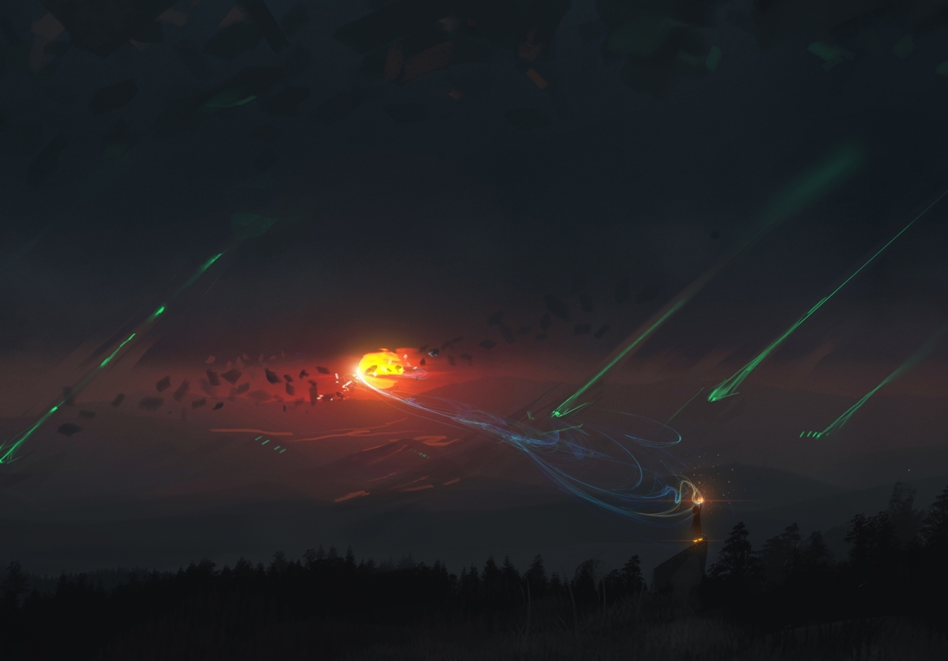 1920x1339 Sunset Fantasy Illustration, Light trails Forest 1920x1339 ...