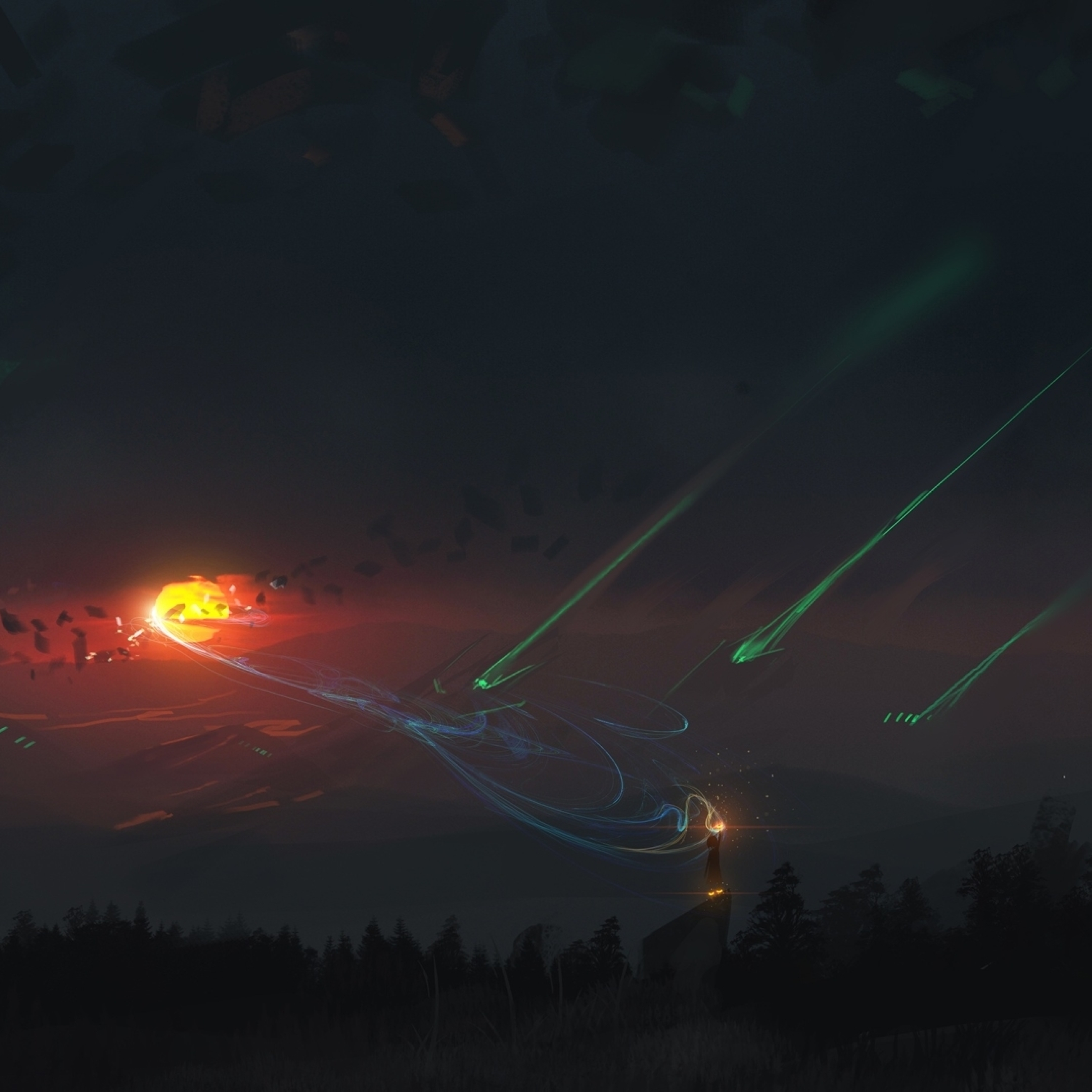 5000x5000 Resolution Sunset Fantasy Illustration, Light trails Forest ...